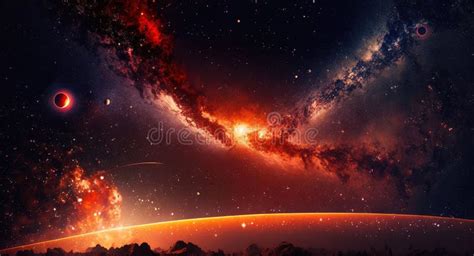 Distant Reddish Galaxy In Space Stars Nebulas And Dark Matter Stock