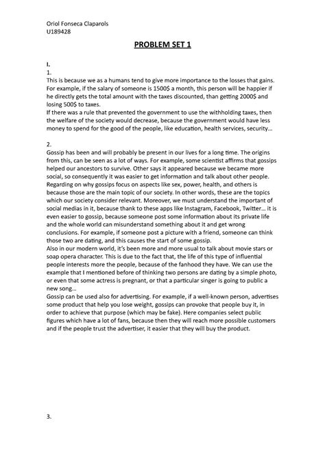 Problem Set 1 Eoim Oriol Fonseca Claparols U Problem Set 1 I 1 This Is Because We As A