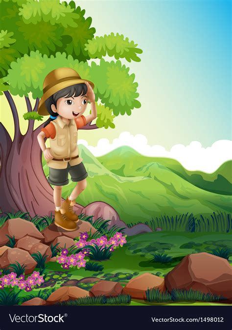 A Girl Standing Above Rock Near Giant Tree Vector Image