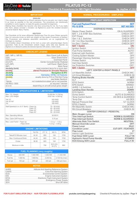Pilatus Pc 12 Checklist And Procedures For Microsoft Flight Simulator