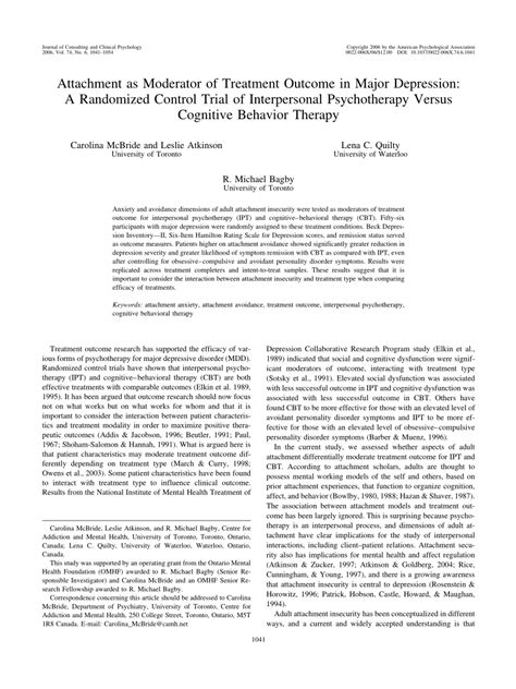 Pdf Attachment As Moderator Of Treatment Outcome In Major Depression