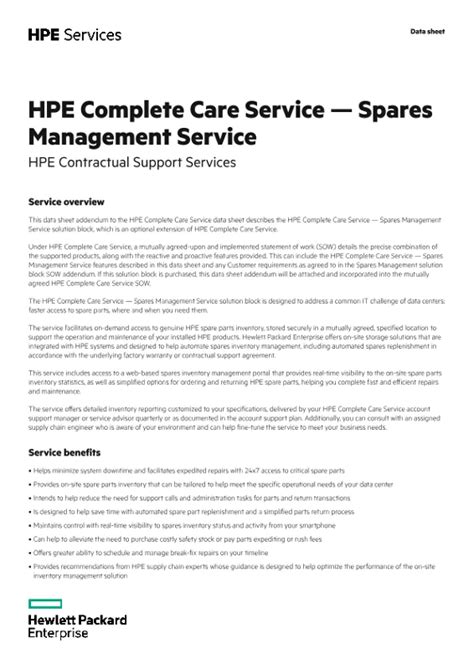 Hpe Pointnext Complete Care Spares Management Data Sheet