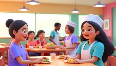 Cartoon People Eating Lunch Together In A Cafeteria Or Dining Hall