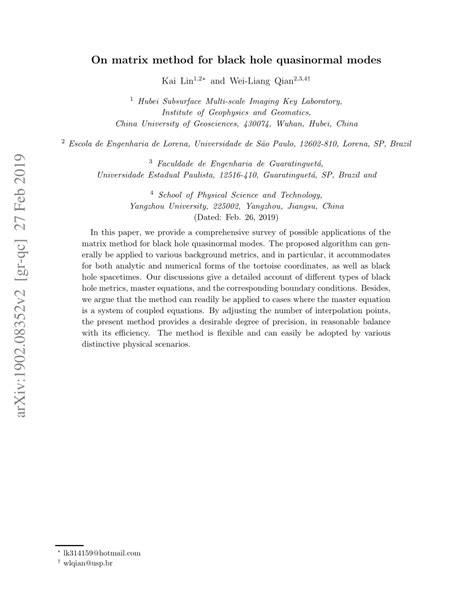 Pdf On Matrix Method For Black Hole Quasinormal Modes