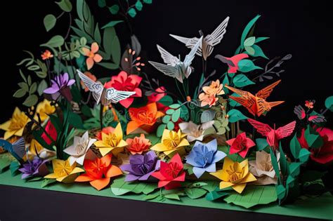 Jardin En Papier Avec Fleurs En Origami Et Feuillage Illustration Stock