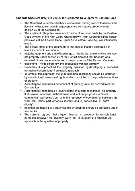 Shoprite Checkers Summary Shoprite Checkers Pty Ltd V Mec For
