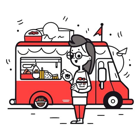 Illustration Of A Woman Buying Ice Cream In A Food Truck Premium Ai