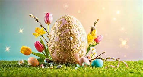 Elegant Ornate Easter Egg With Spring Flowers On Grass Easter Concept