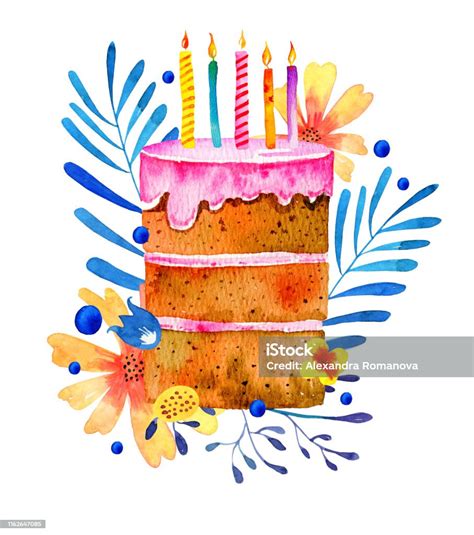 배경에 촛불과 양식에 일치시키는 식물생일 케이크 손으로 그린 만화 수채화 스케치 일러스트 생일 케이크에 대한 스톡 벡터 아트 및 기타 이미지 생일 케이크 수채화 구도
