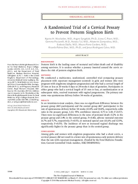 Pdf A Randomized Trial Of A Cervical Pessary To Prevent Preterm