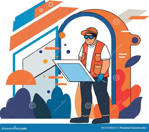 Male Engineer Creating Blueprints And Plans Illustration In Doodle