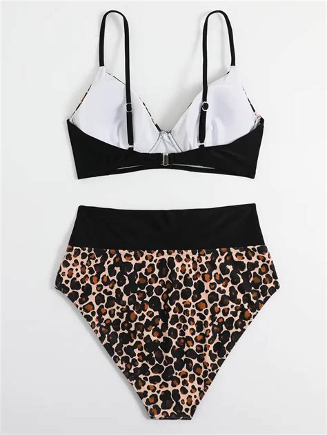 Plus Size Leopard Print Colorblock Bikini Set Womens Plus Temu