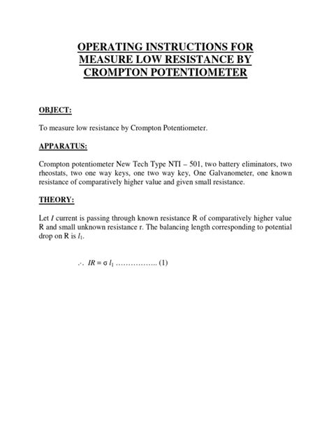 Measure Low Resistance By Crompton Potentiometer Pdf Electrical Resistance And Conductance