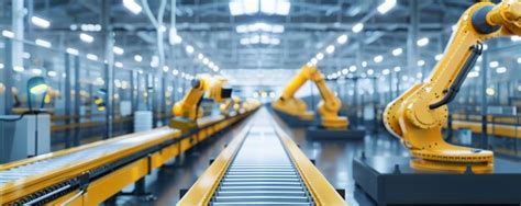 Hightech Manufacturing Facility With Robotic Arms Conveyor Belts And