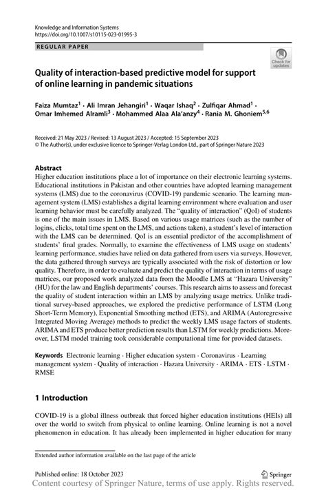 Quality Of Interaction Based Predictive Model For Support Of Online Learning In Pandemic Situations
