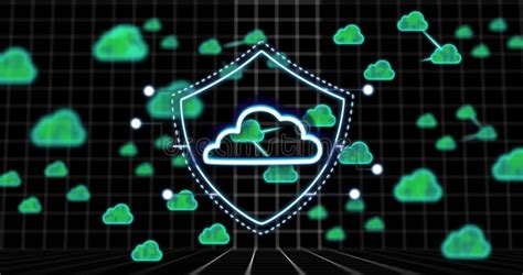 Cloud Security Shield Animation Over Digital Grid Background With Green Cloud Icons Stock