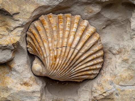 Fossilized Shell With Intricate Ridges Embedded In A Rock Matrix