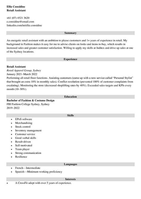 Retail Assistant Resume Sample Job Description And Skills