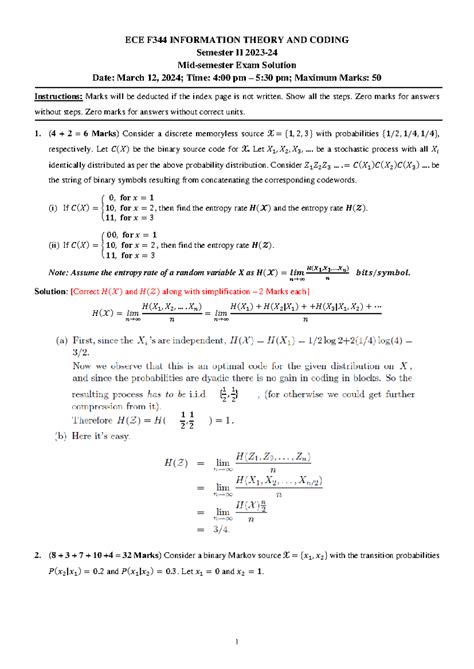 Mid Sem Question Paper Solutions Ece F344 Information Theory And