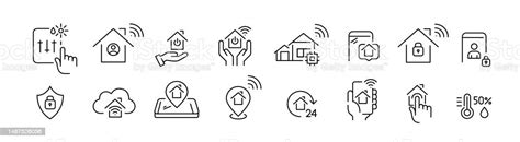 스마트 홈 기술 온도 기후 제어 보안 및 원격 제어 픽셀 퍼펙트 편집 가능한 스트로크 가상현실에 대한 스톡 벡터 아트 및 기타