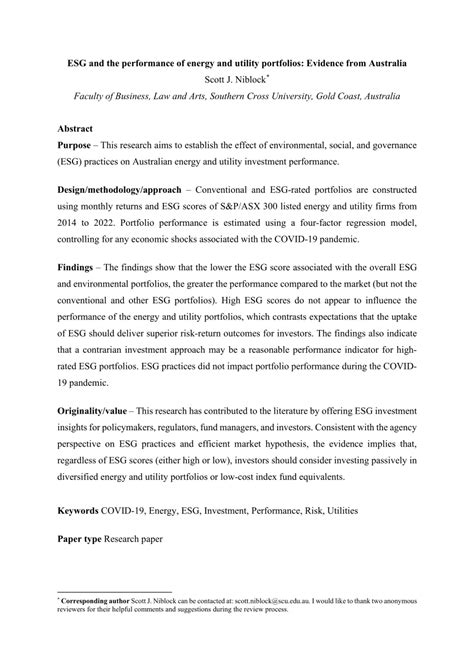 Pdf Esg And The Performance Of Energy And Utility Portfolios Evidence From Australia