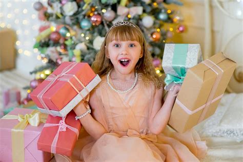 Adorable Blonde Girl With Christmas Ts Stock Image Image Of