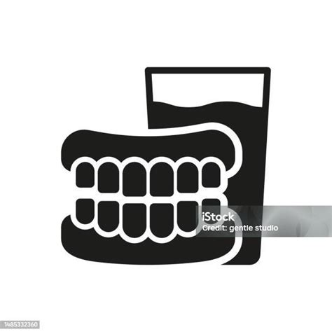 의료 치과 보철 물 한 잔의 실루엣 아이콘이 있는 틀니 인간 거짓 치아 글리프 픽토그램 인공 치아 치과 치료 표지판 치과 상징