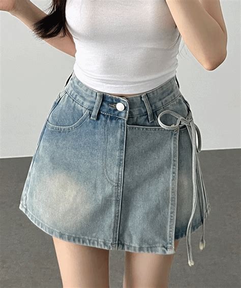 옐로우바빌 예쁜여름치마바지 프레피 빈티지 워싱 리본 랩 스커트 데님 숏 팬츠
