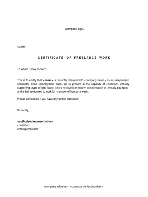 Certificate Of Freelance Work Pdf