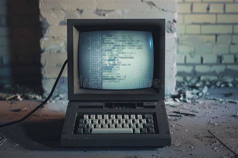 An Aging Computer With A Faded Screen Displaying Code Sits Abandoned In