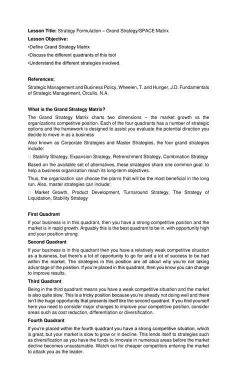 Strategy Formulation Grand Strategy Space Matrix Lesson Title