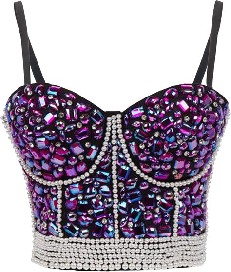 Womens Rhinestone Bead Bustier Crop Top Club Party Glitter Corset Top Bra Vest