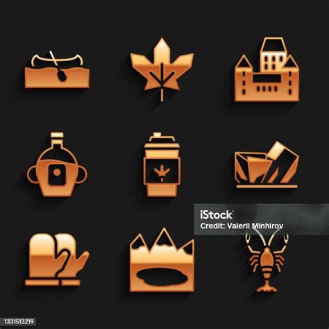커피 컵 캐나다 호수 랍스터 로얄 온타리오 박물관 크리스마스 미텐 메이플 시럽 샤토 프론테낙 호텔 카약 또는 카누 아이콘을 설정합니다 벡터 박물관에 대한 스톡 벡터 아트 및