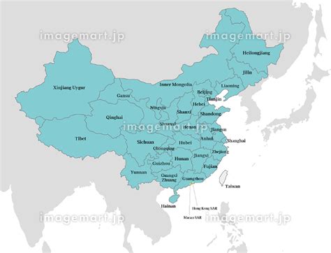 中国と台湾の地図、省の境界線、香港、マカオ、英語の地名入りのイラスト素材 243318057 イメージマート
