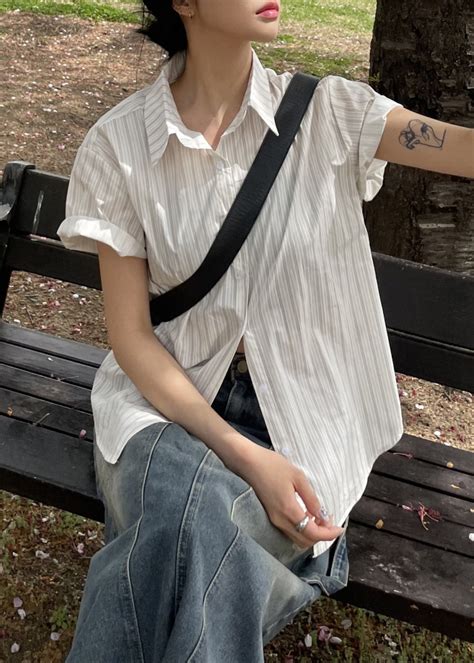 페어린 쿨 스트라이프 롤업 오버핏 반팔 셔츠 위시버킷