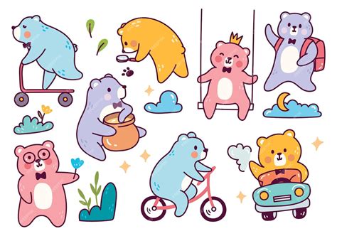 Conjunto De Poses De Ursinho De Pelúcia Dos Desenhos Animados Em