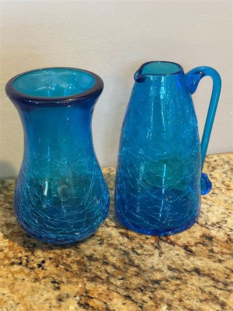 Vintage Blue Crackle Glass Picture And Vase Etsy Crackle Glass
