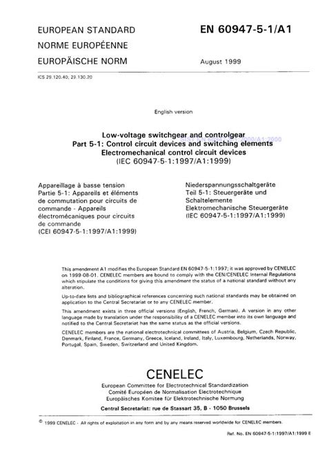 EN 60947-5-1:1997/A1:1999 - Low-voltage switchgear and controlgear ...