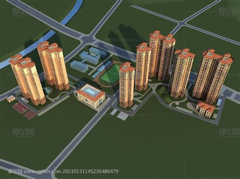 欧式住宅小区欧式花园小区3d模型带足球场国外建筑模型下载 摩尔网cgmol