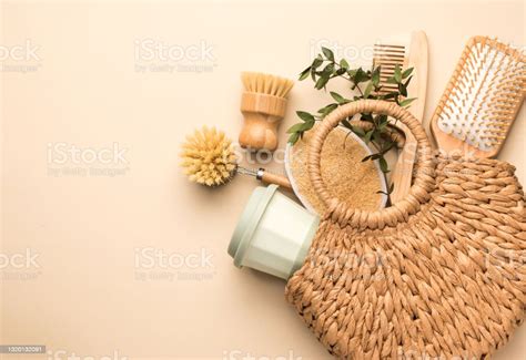 제로 폐기물 라이프 스타일 베이지 색 배경에 친환경 욕실과 주방 액세서리 평평한 평지 상단 보기 복사 공간 가정 주방에 대한 스톡 사진 및 기타 이미지 Istock