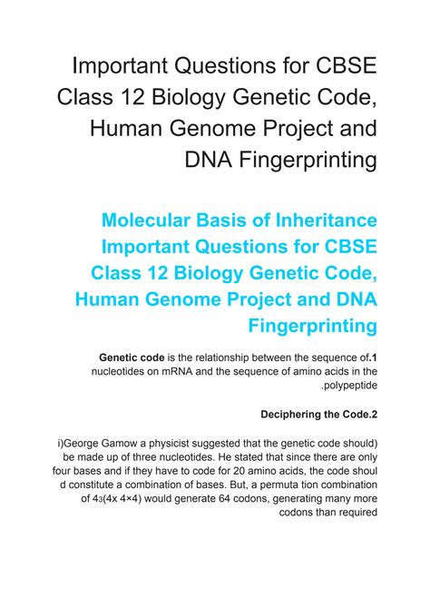 Solution Important Questions For Cbse Class 12 Biology Genetic Code Human Genome Project And