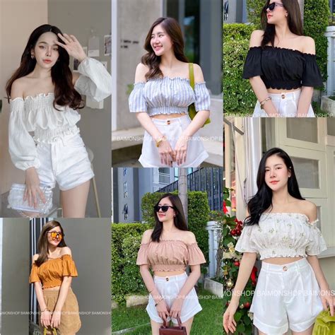Crop Shop เสื้อครอป มีหลายเเบบมาก สม็อตปาดไหล่ ผ้าสวยมาก มีหลายสีให้
