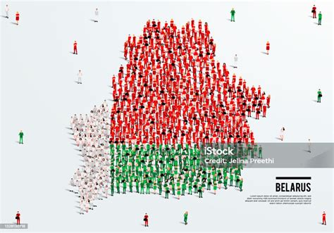 벨라루스지도와 플래그 지도를 만들기 위해 벨라루스 플래그 색상 형태의 사람들의 큰 그룹 벡터 일러스트레이션 개념에 대한 스톡