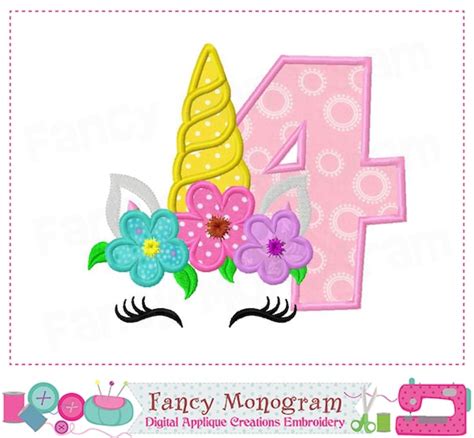 Unicorn Number 4 Design My 4th Birthday Unicorn Applique Etsy