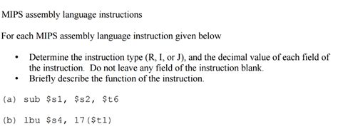 solved mips assembly language instructions for each mips