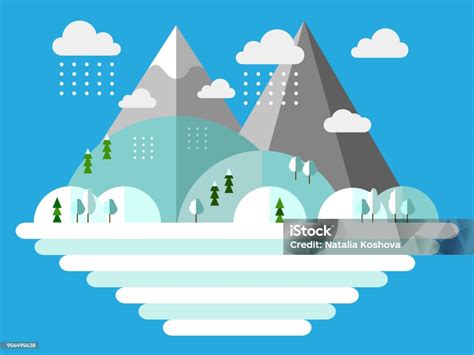 겨울 벡터 일러스트 웹 디자인 모바일 디자인 배너 전단지 또는 엽서 현대적인 평면 디자인 개념 풍경 바다 비치 언덕 및 산 0