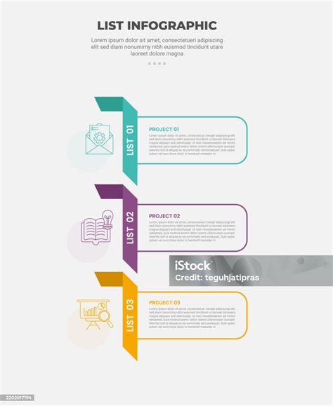 목록 수직 적층 프로세스 인포 그래픽 개요 스타일 3 포인트 템플릿 플립 리본 스타일 슬라이드 프리젠 테이션을위한 둥근 사각형 컨테이너가있는 스타일 개념에 대한 스톡 벡터
