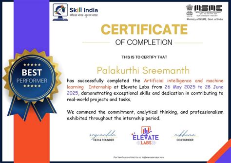 Completed Ai And Ml Internship At Elevate Labs Best Performer