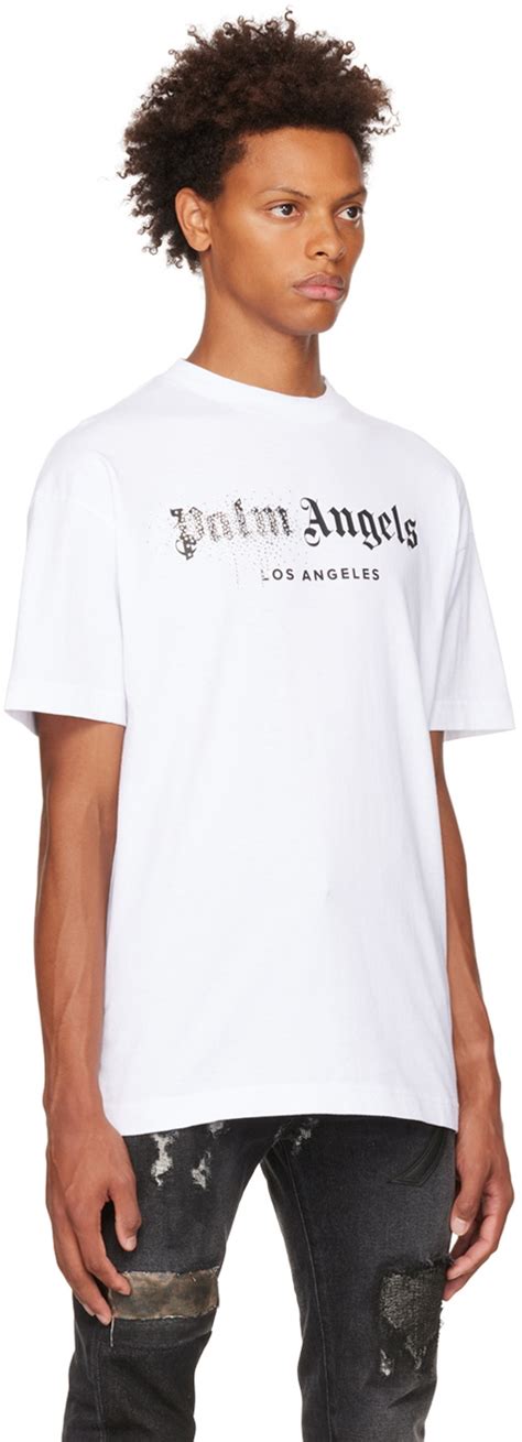 Palm Angels White Rhinestone Sprayed Classic T Shirt Palm Angels