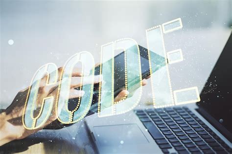 Premium Photo Creative Code Word Hologram And Finger Clicks On A Digital Tablet On Background